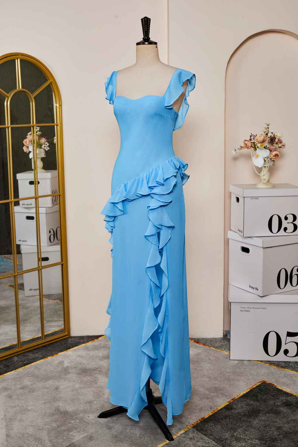 Lake Blue Slit A-line Chiffon Ruffles Dress – Notjustprom